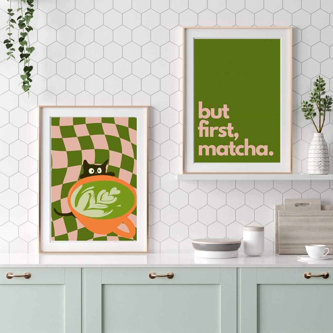 But First Matcha Poster, Black Cat Matcha Latte Wall Decor ...