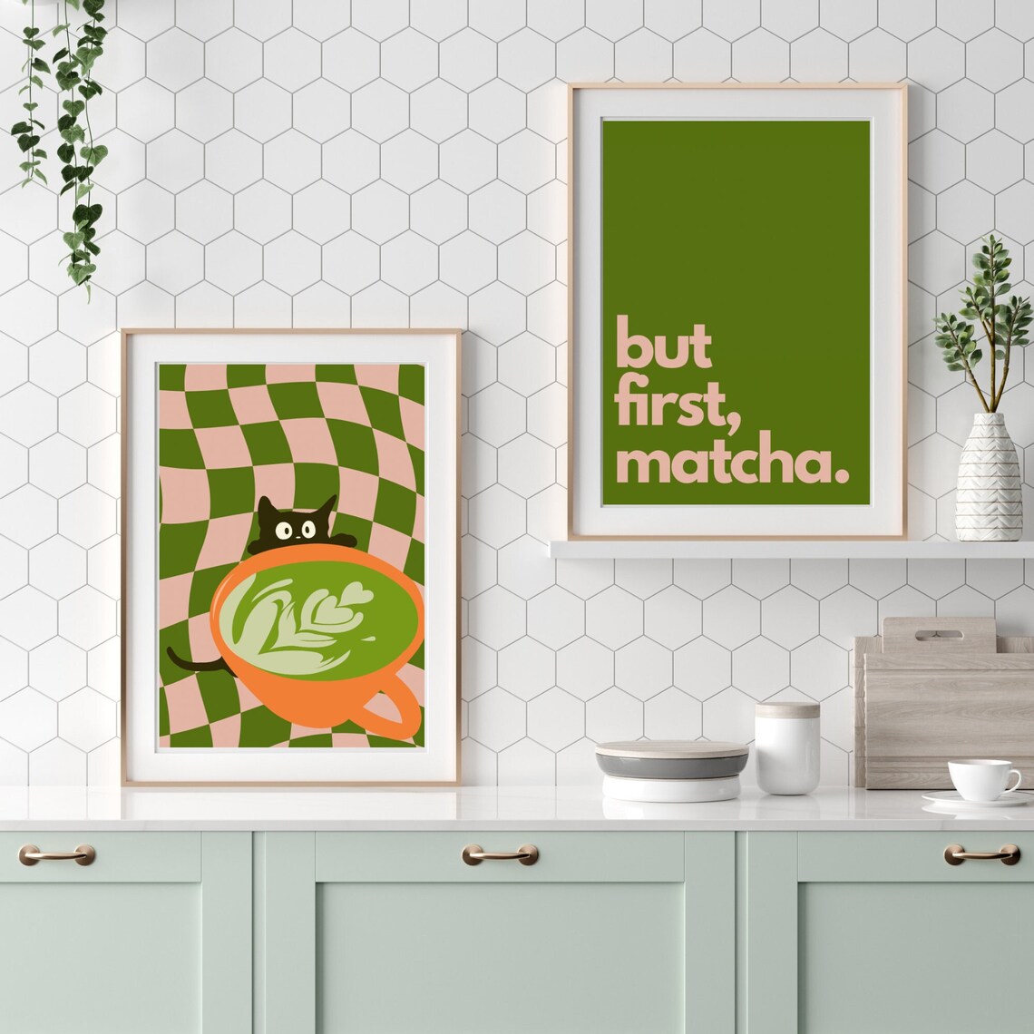 But First Matcha Poster, Black Cat Matcha Latte Wall Decor ...