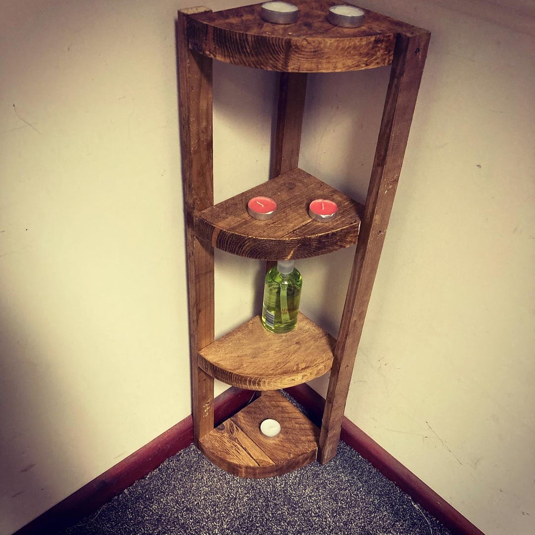 Wooden Corner Shelf Stand Rustic Storage Unit for Bathroom, Kitchen, or ...