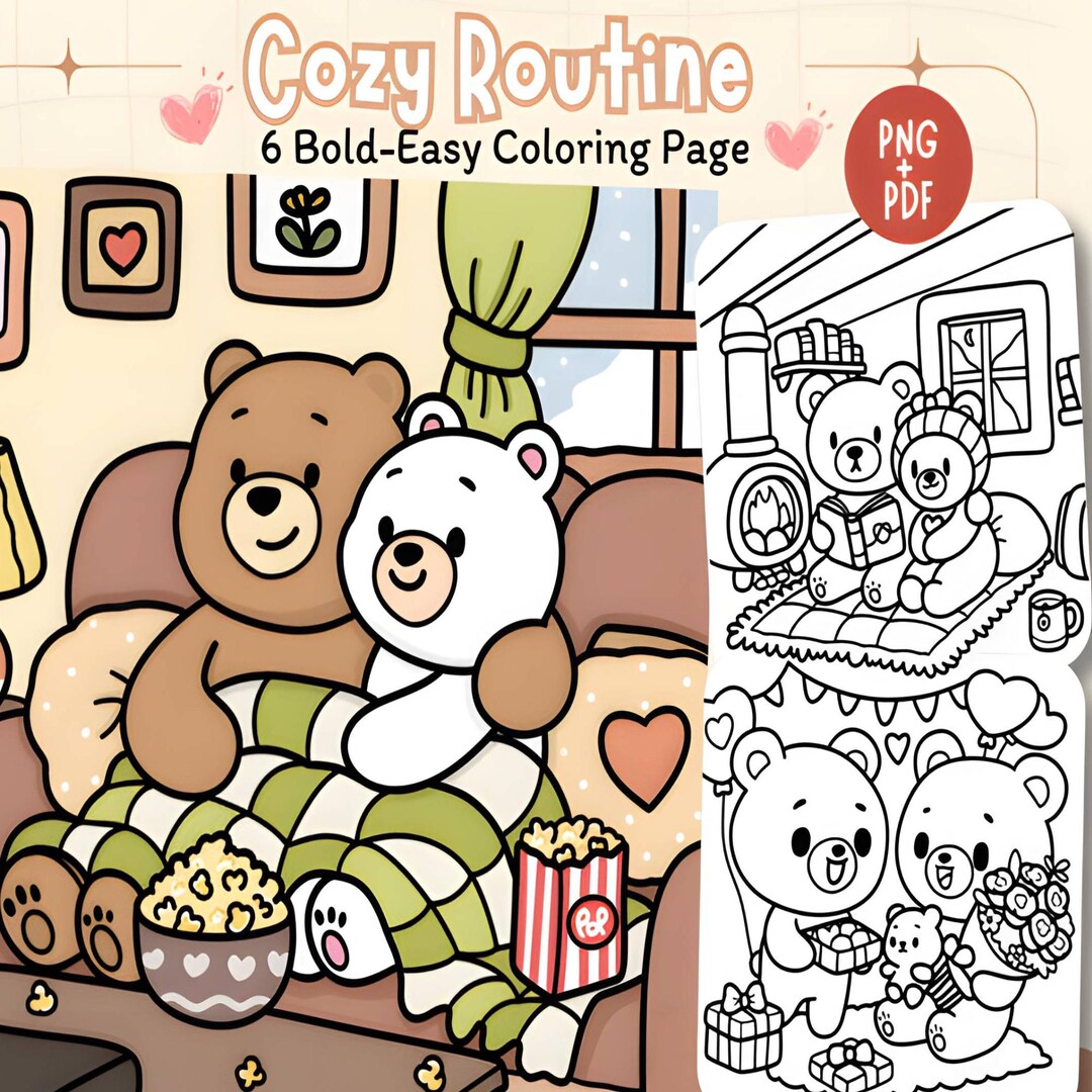 Cozy Routine Coloring Pages Kawaiibear, Adorable Relaxation Coloring ...