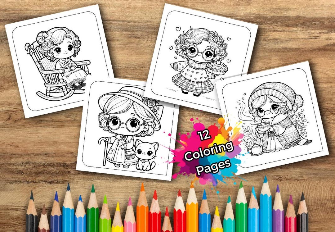 Chibi Granny 12 Cute Coloring Pages for Relaxation | 8.5 X 8.5 Inches ...