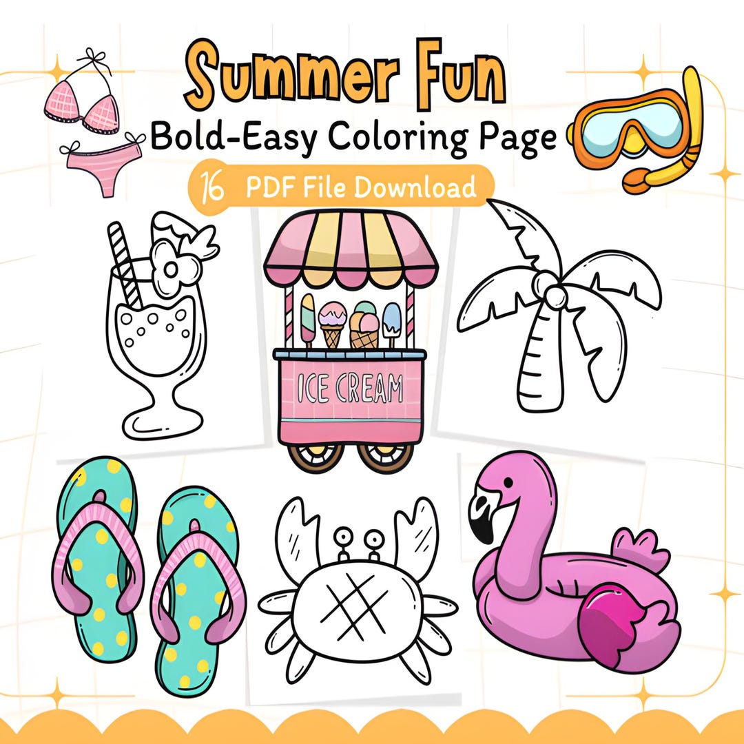 Summer Fun Coloring Page Bold and Easy, Perfect for Kids and Beginners ...