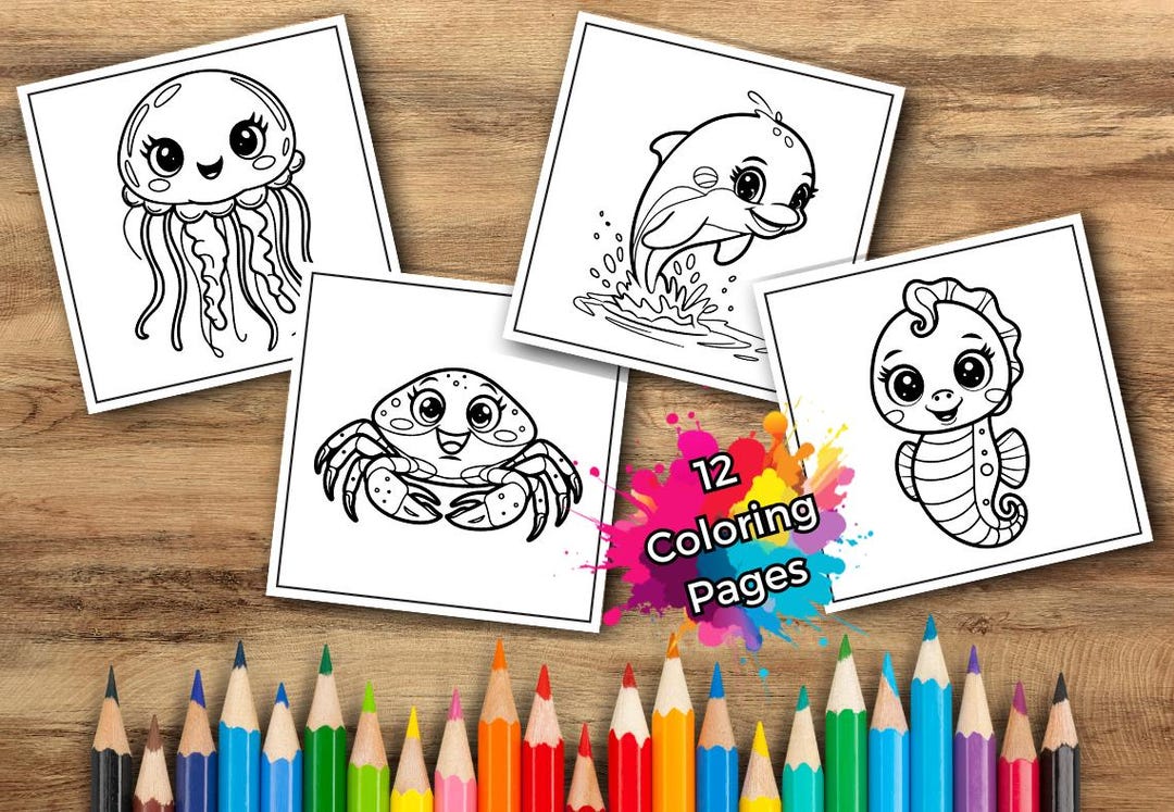 Cute Ocean Animals 12 Coloring Pages for Relaxation 8.5 X 8.5 Inches ...