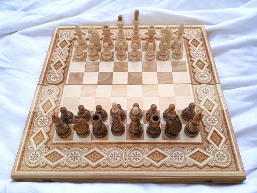 Handmade Chess Set, Inlaid With Wood and Beads, Chess Checkers and ...
