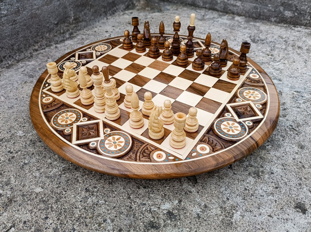 Handmade Chess Set, Wood and Bead Inlay, Chess Pieces, Carved Wood ...