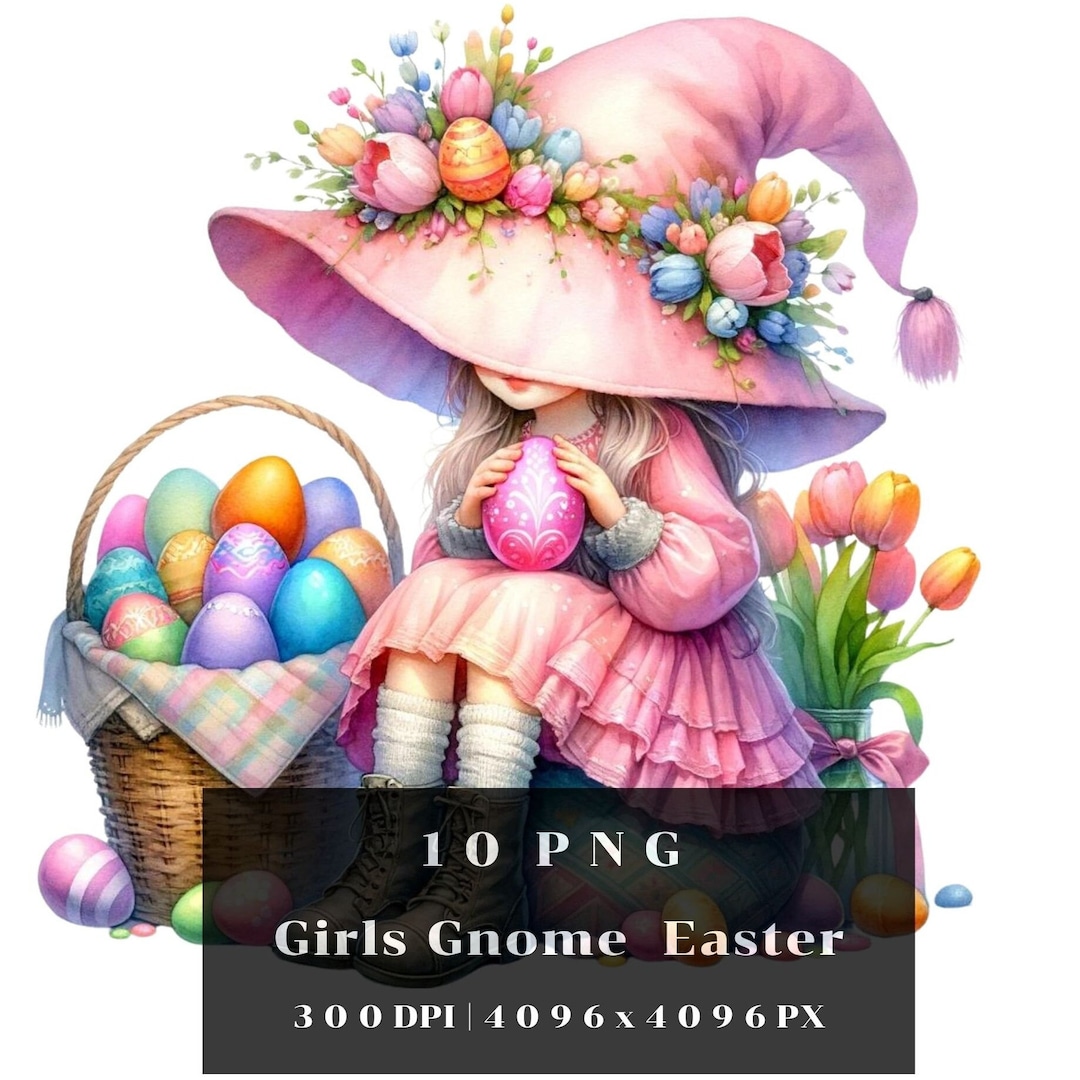 10 Happy Easter Cute Girls Gnomes Watercolor Clipart Png, Gnomes ...