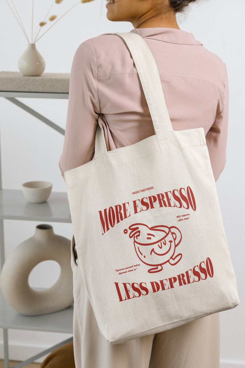 More Espresso Less Depresso Retro Comic Mug Tote Bag Coffee Lover Gift Sustainable Bag Y2K ...