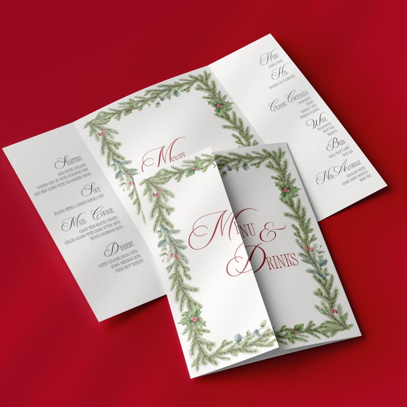 Hand Drawn Christmas Dinner Menu Card Gatefold Template Editable ...