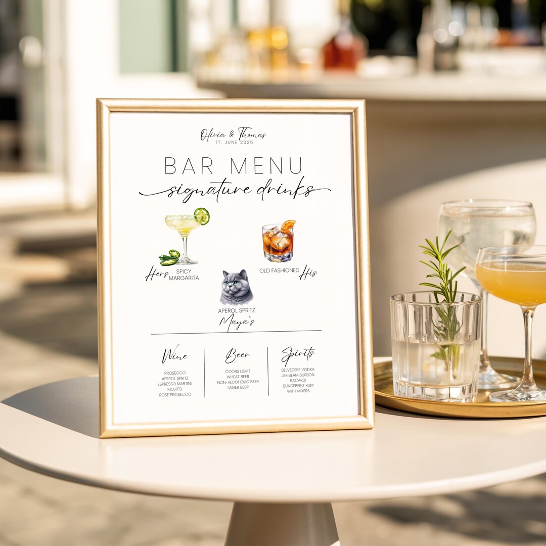 Cat Bar Sign Wedding Template Editable Canva Pet Cocktail Menu Modern ...