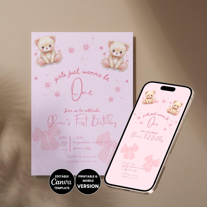 Editable Baby First Birthday Invitation Template Pink Bow Teddy Bear ...