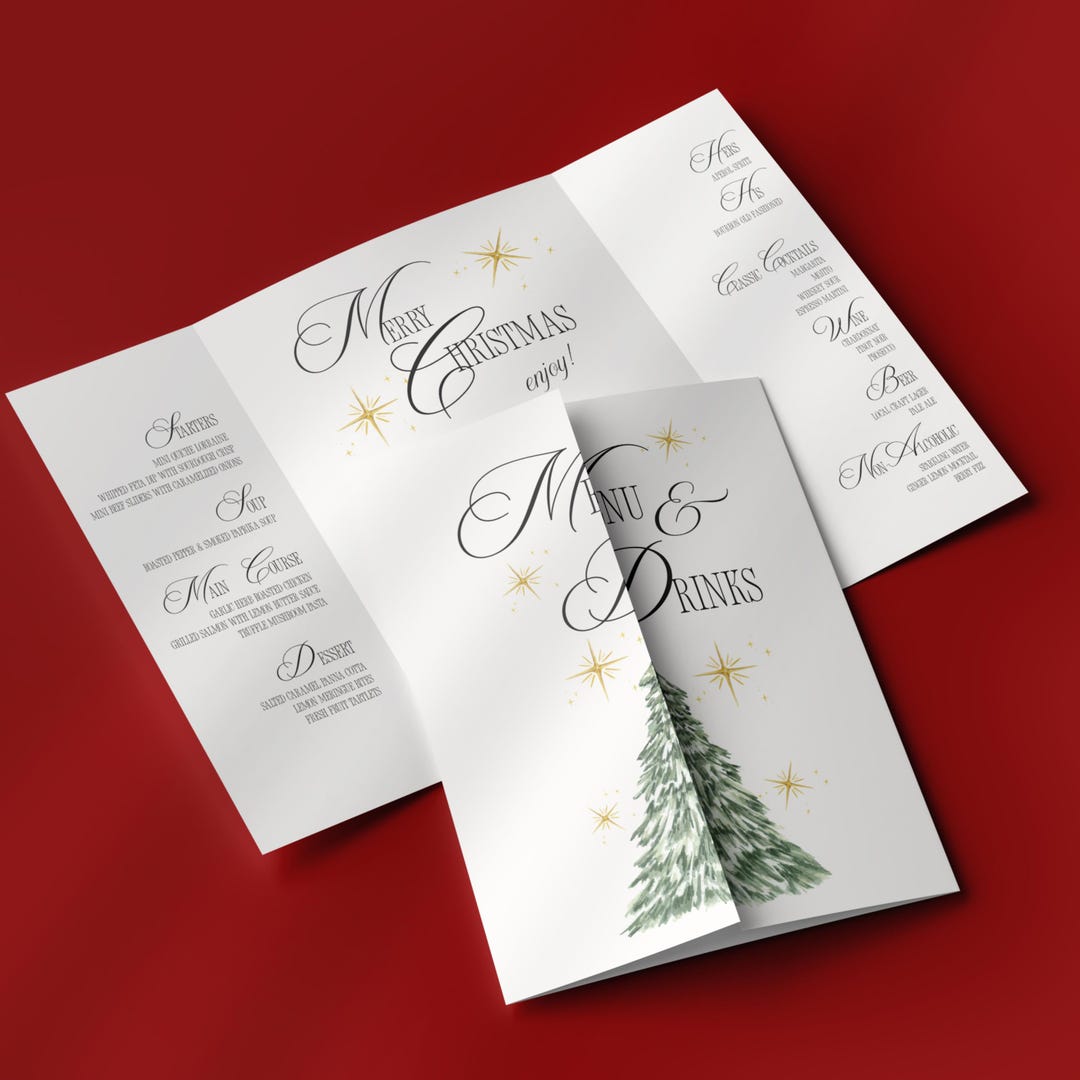 Hand Drawn Christmas Dinner Menu Card Gatefold Template Editable ...