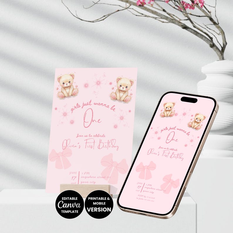 Editable Baby First Birthday Invitation Template Pink Bow Teddy Bear ...