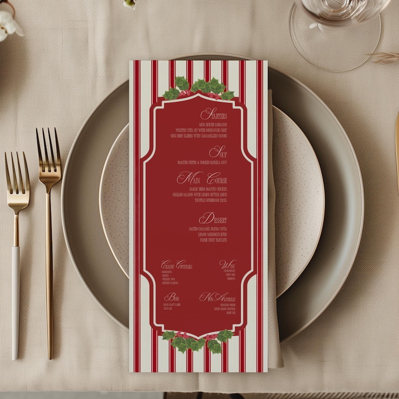 Elegant Christmas Dinner Menu Template Canva Printable 4x9 Drink Card ...