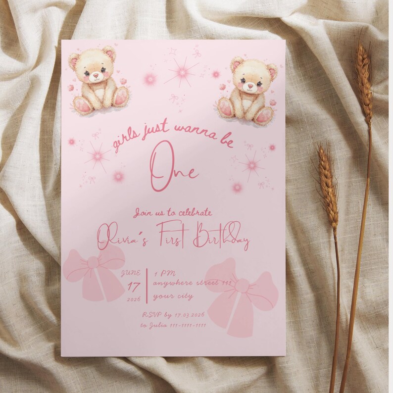 Editable Baby First Birthday Invitation Template Pink Bow Teddy Bear ...