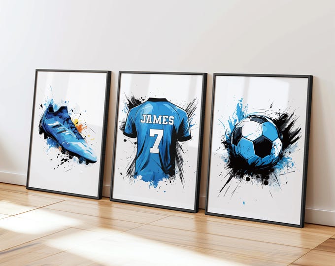 Personalised Football Prints, Set of 3, Football Wall Art Prints, Boys ...