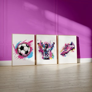 Set of 3 Football Wall Art Prints, Personalised Football Prints, Girls ...