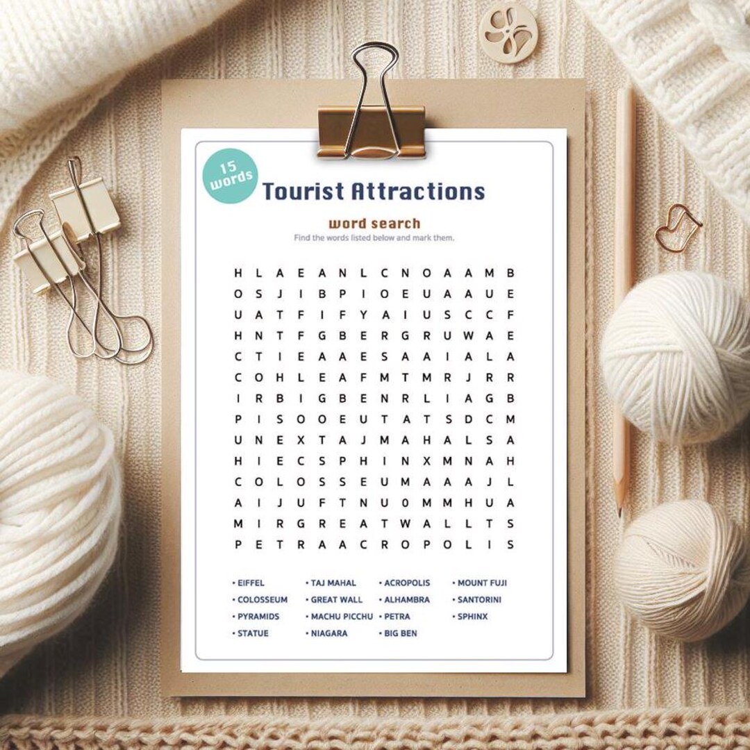 Tourist Attractions Word Search Puzzle, Activity, Word Game, Find the ...
