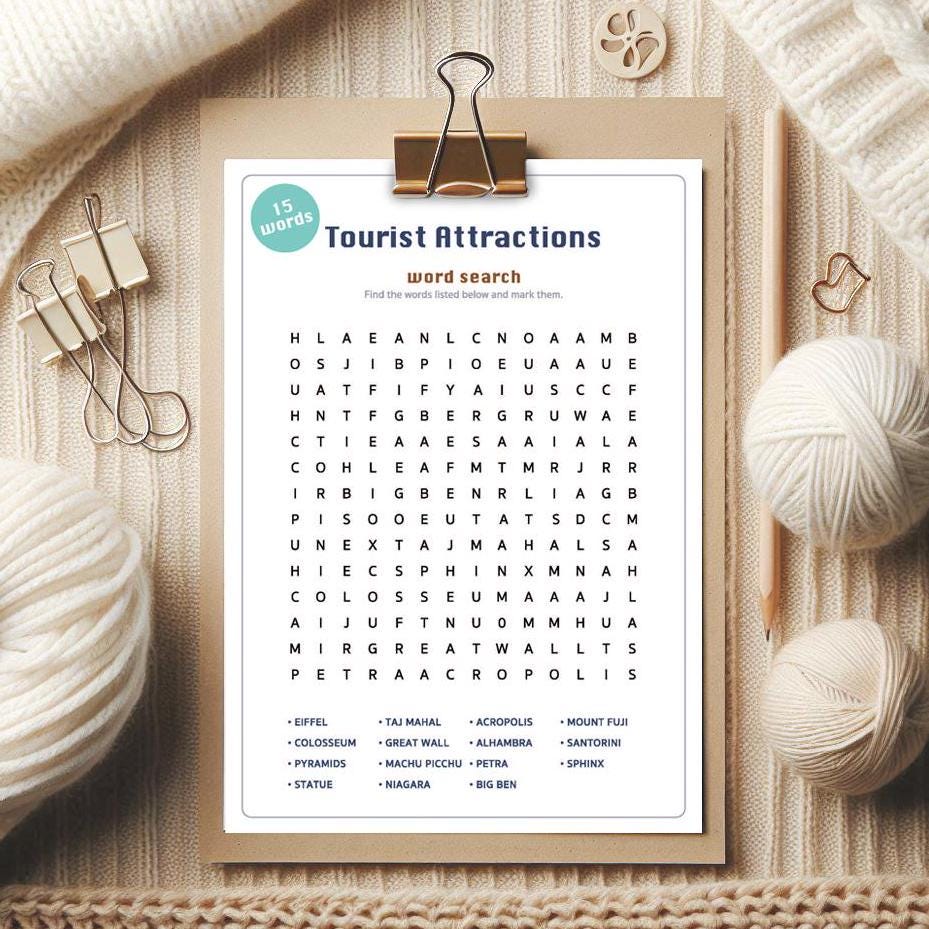 Tourist Attractions Word Search Puzzle, Activity, Word Game, Find the ...