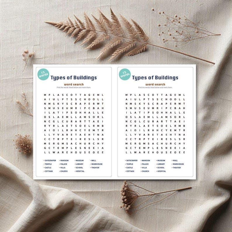 Types of Buildings Word Search Puzzle, Activity, Word Game, Find the ...