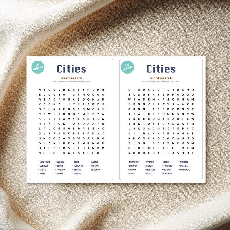 Cities Word Search Puzzle, Activity, Word Game, Find the Words, Hobby ...