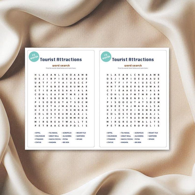 Tourist Attractions Word Search Puzzle, Activity, Word Game, Find the ...