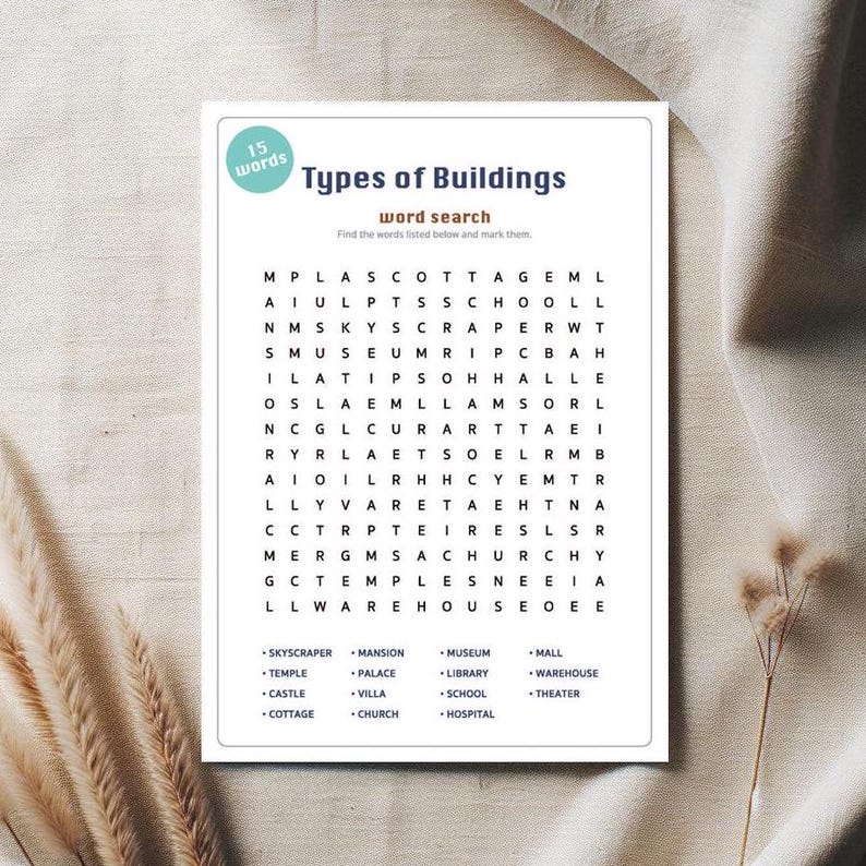 Types of Buildings Word Search Puzzle, Activity, Word Game, Find the ...