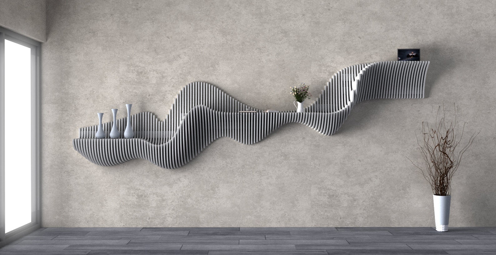 Parametric Wavy Wooden Wall Mounted Shelf - Parametric Wooden Wavy Wall ...