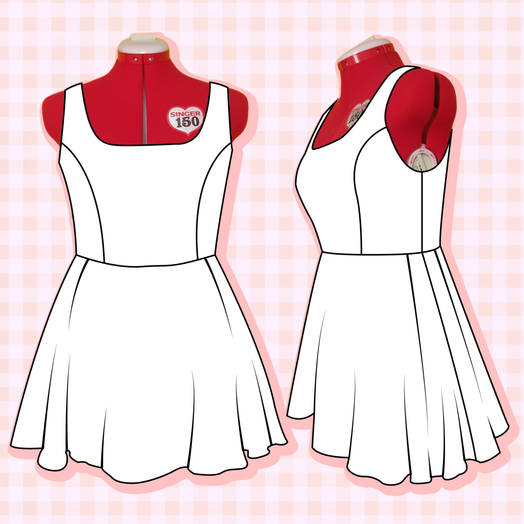 Princess Cut Dress Sewing Pattern, Square Neckline Dress. Circular ...