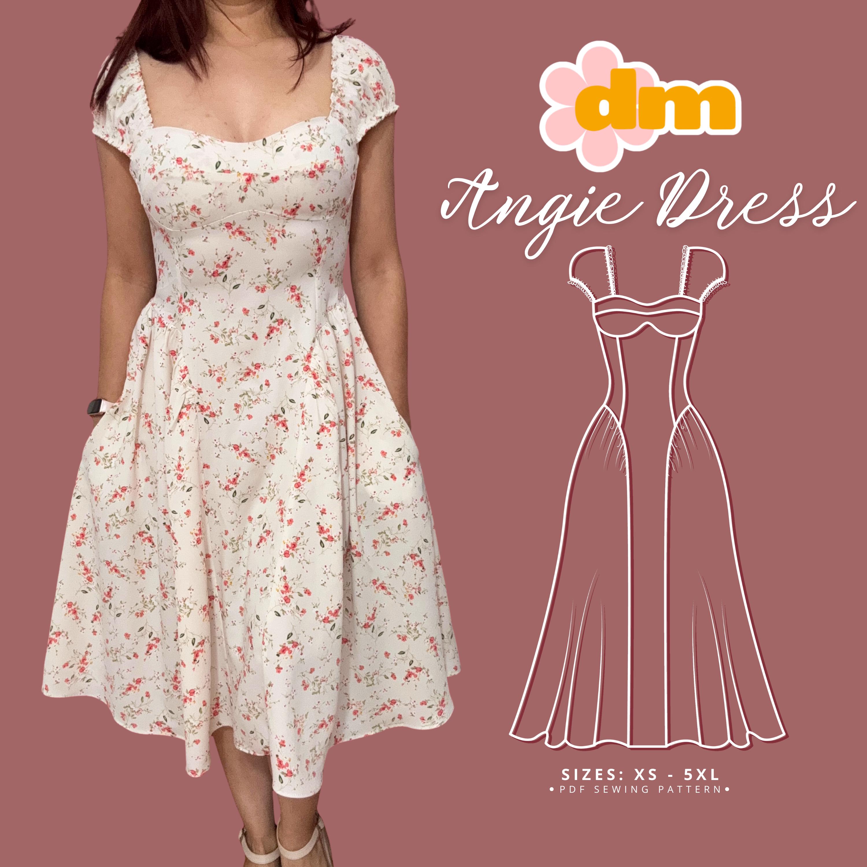 Long Dress Sewing Pattern: Braided Back, Short Puff Sleeves and Pockets ...