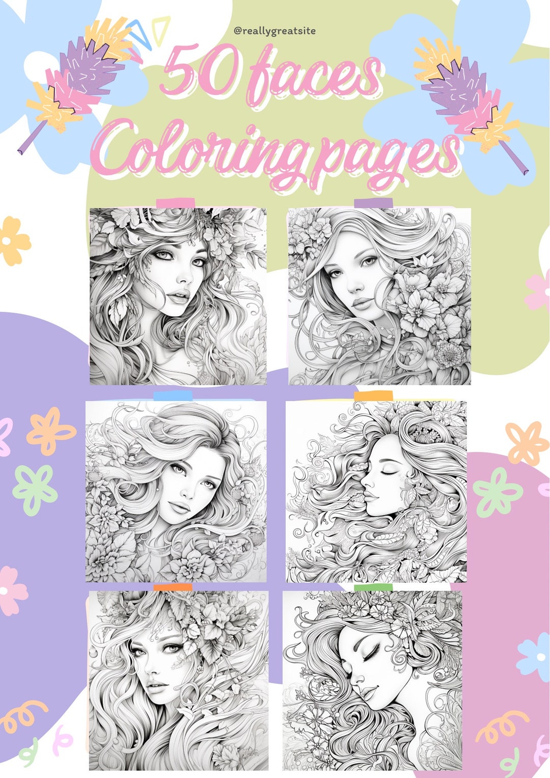 50 Faces Coloring Pages - Adult Coloring Pages - Stress Relieve - Art ...