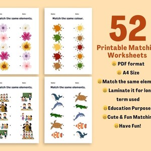 52 Printable Matching Worksheets for Kids, Educational Learning ...