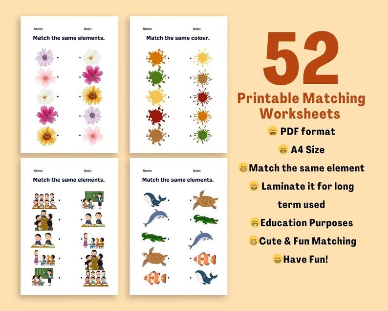 52 Printable Matching Worksheets for Kids, Educational Learning ...