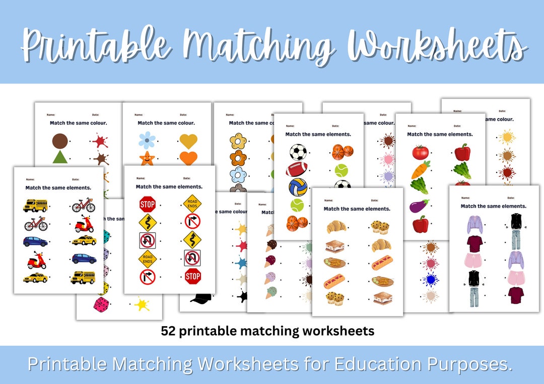 52 Printable Matching Worksheets for Kids, Educational Learning ...