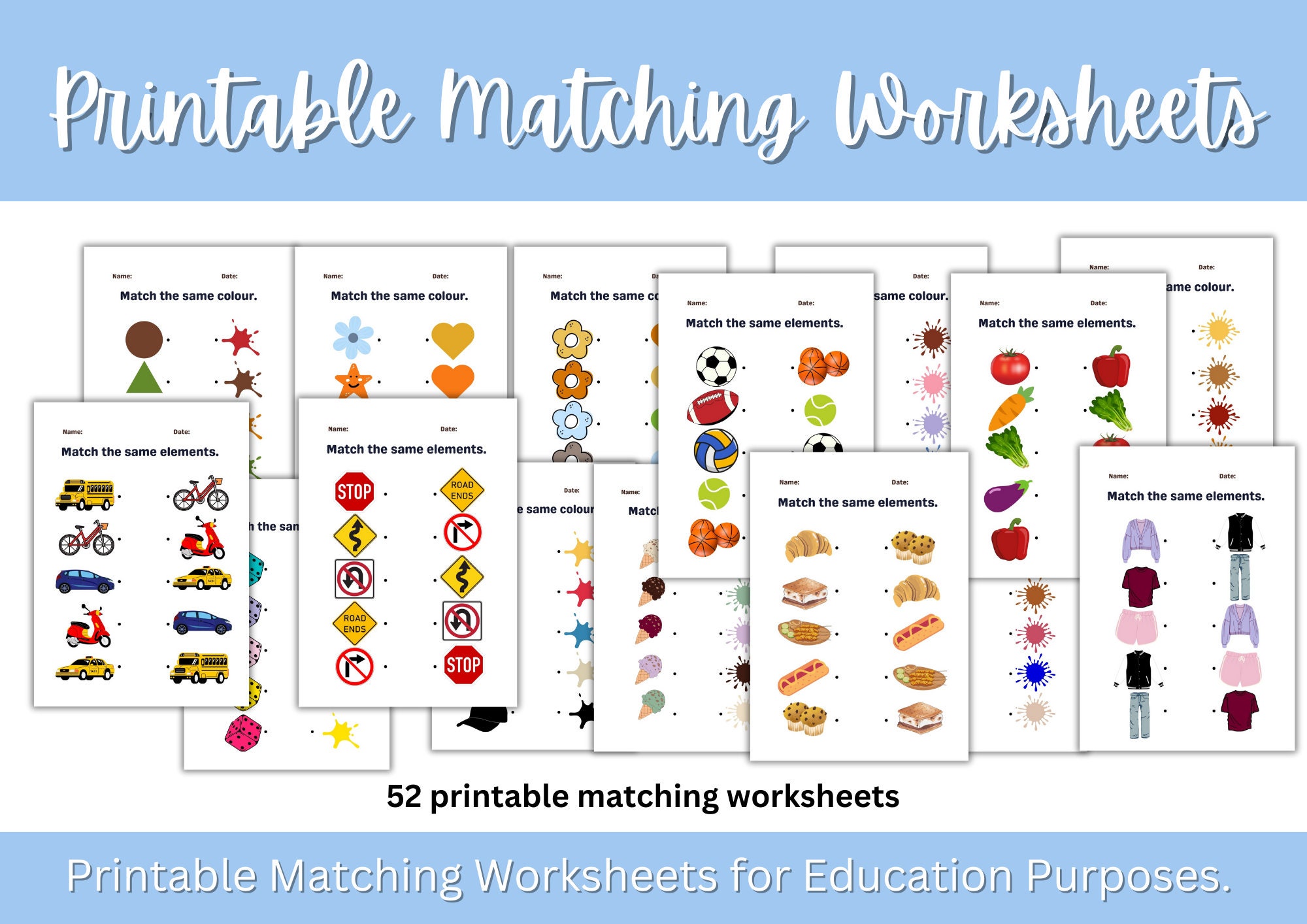 52 Printable Matching Worksheets for Kids, Educational Learning ...