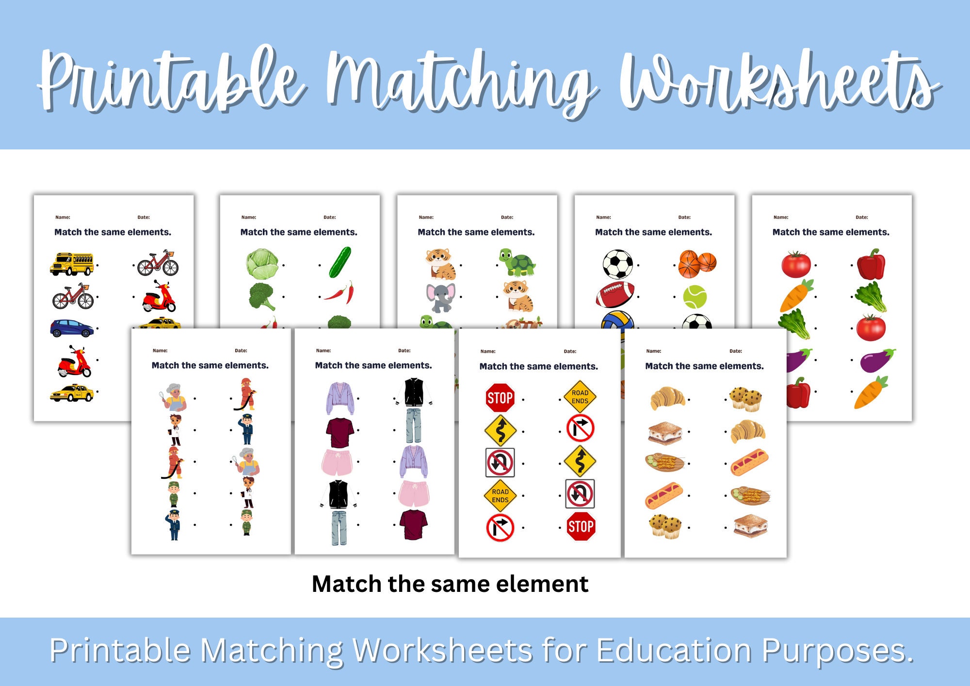 52 Printable Matching Worksheets for Kids, Educational Learning ...