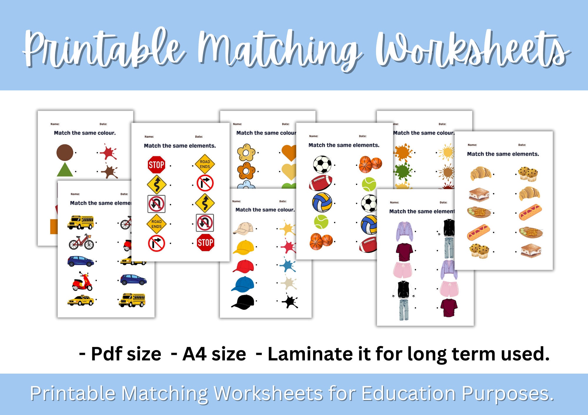 52 Printable Matching Worksheets for Kids, Educational Learning ...