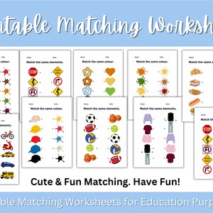 52 Printable Matching Worksheets for Kids, Educational Learning ...