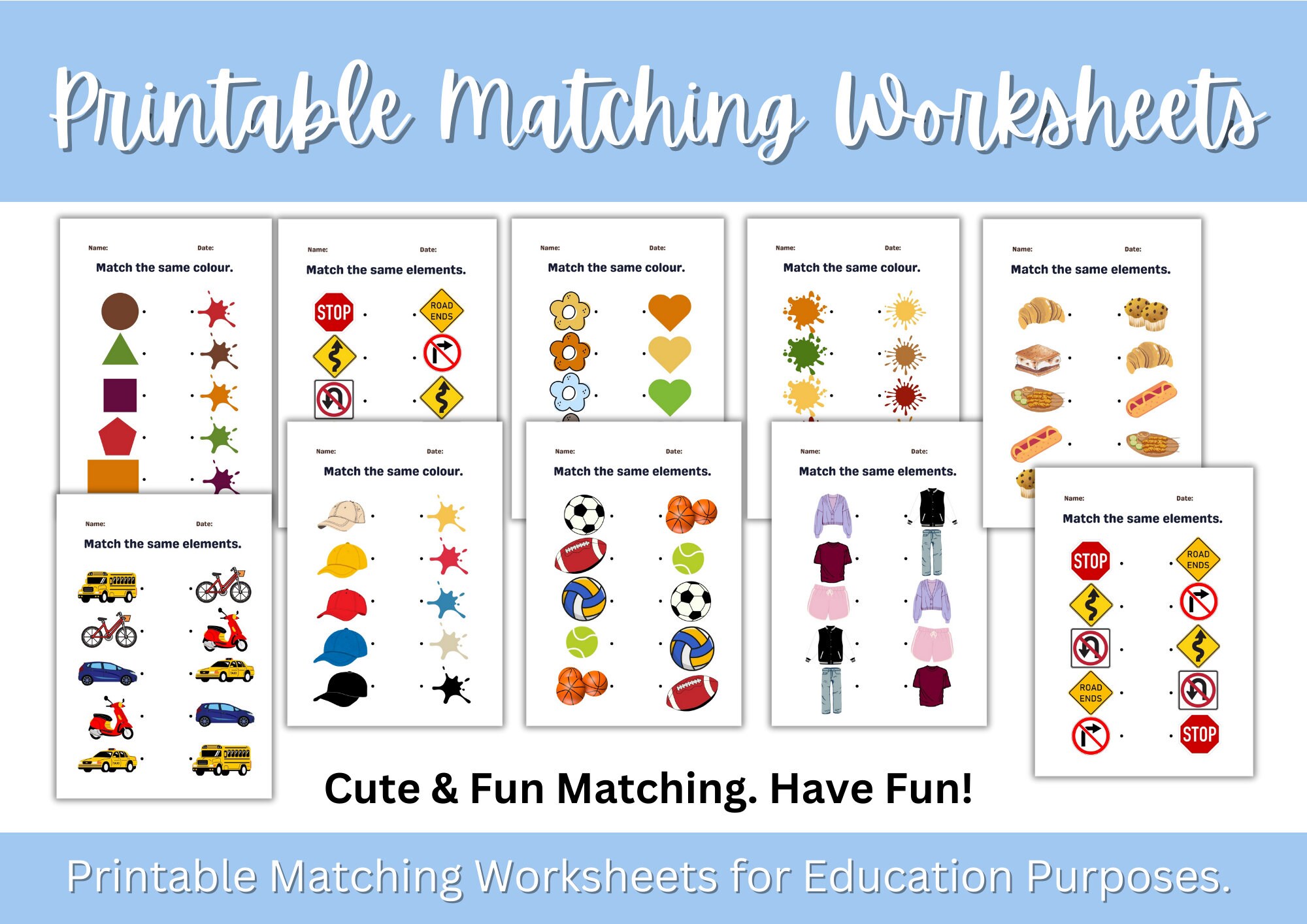 52 Printable Matching Worksheets for Kids, Educational Learning ...