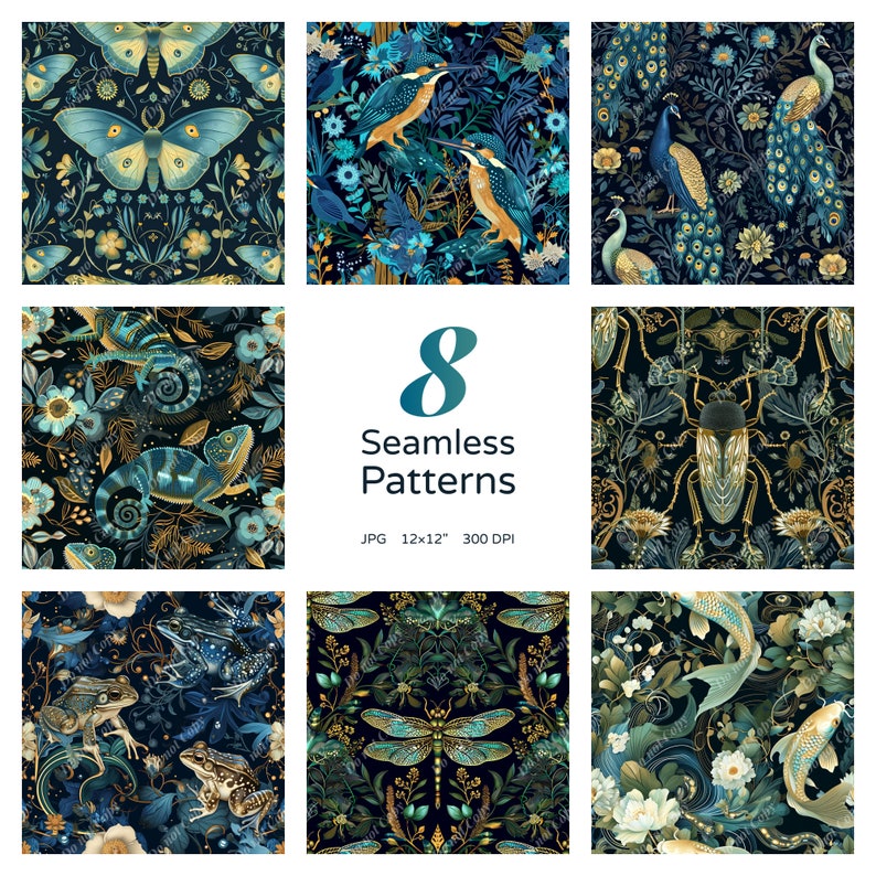 8× FAUNA & FLORA Art Nouveau Seamless Repeat Pattern, Background ...