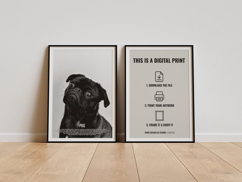 Pug Wall Art Pug Poster, Vintage Pug Digital Print, Printable Art, Wall ...