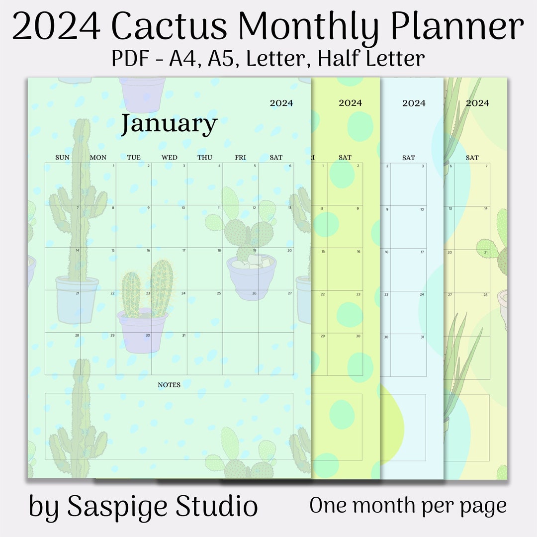 2024 Cactus Print Monthly Planner One Month per Page Calendar Pastel ...