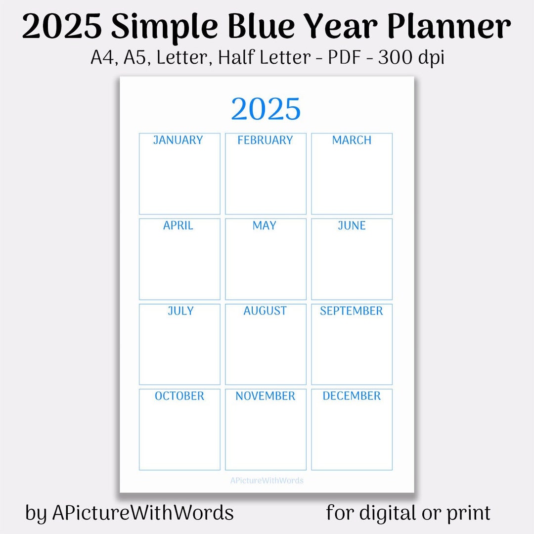 Simple Blue 2025 Year Planner Printable PDF Digital Journal 12 Months 1 ...