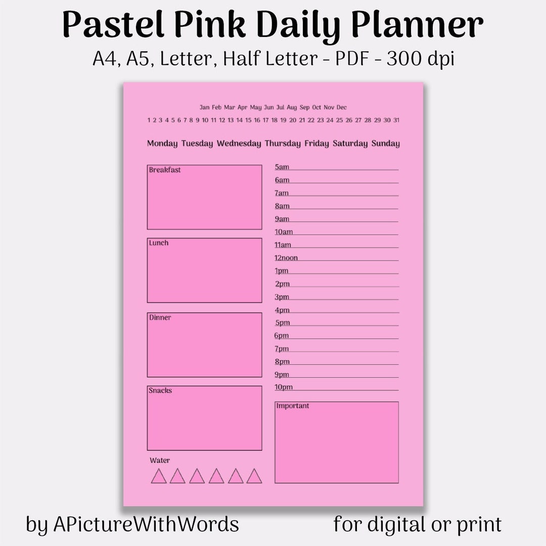 Pastel Pink Daily Planner One Page Journal Meal Tracker to Do List A4 ...