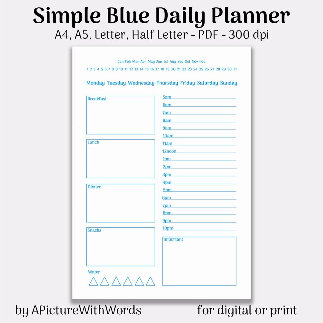 Simple Blue Daily Planner One Page Journal Meal Tracker WFH to Do List ...
