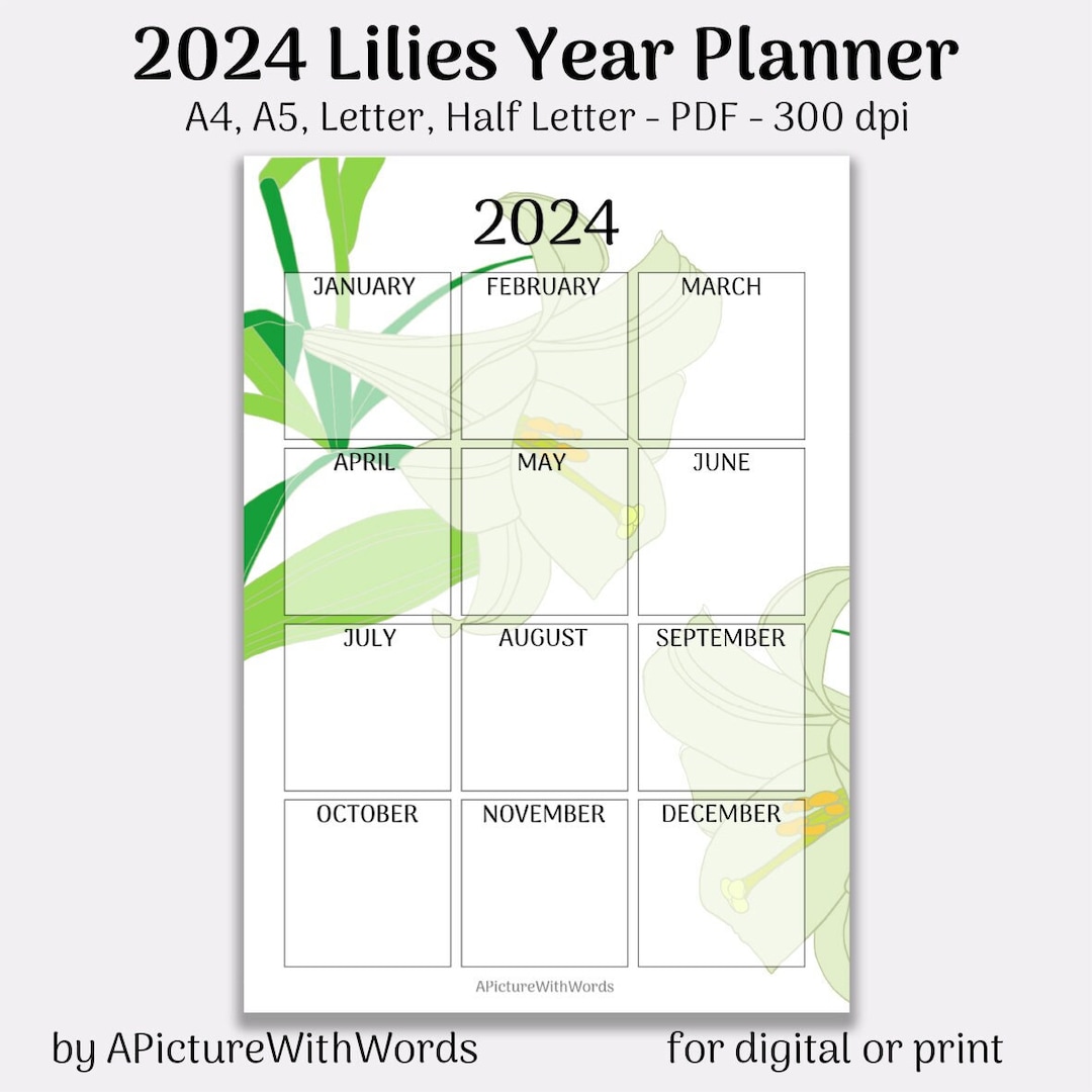 2024 Lilies Year Planner WFH Organiser Printable PDF Calendar to Do ...