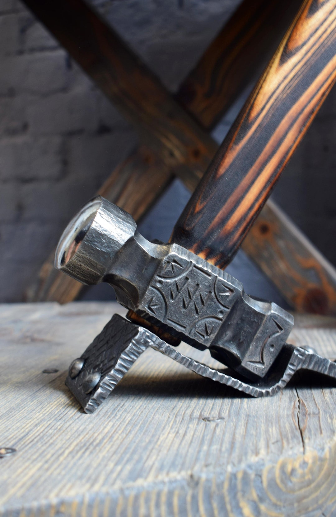 Hand Forged Hammer With Wooden Handle Decorated With Runes, Iron Hammer ...