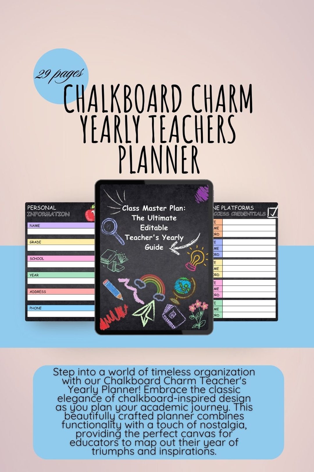 Yearly Editable Digital Teachers Planner UNDATED Chalkboard Homeschool ...