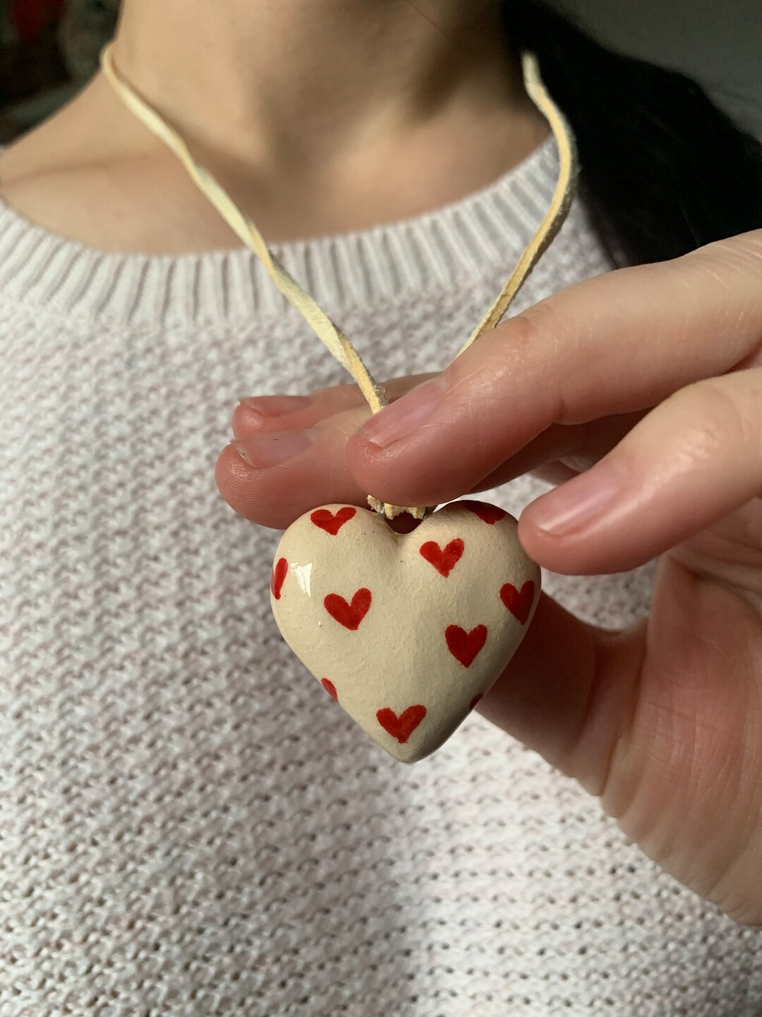 Ceramic Heart Pendant Made of White Clay. Necklace With Small Red ...