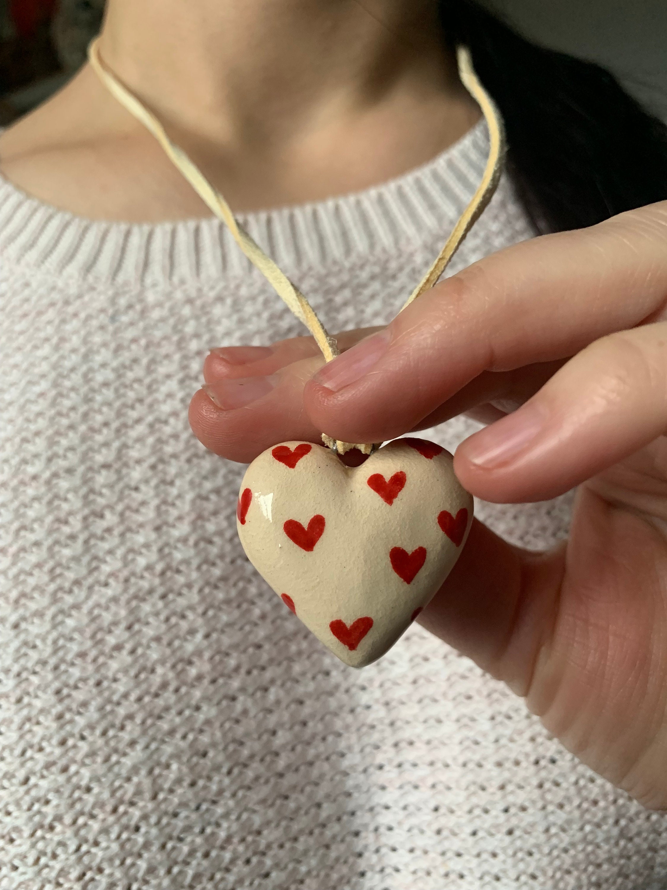 Ceramic Heart Pendant Made of White Clay. Necklace With Small Red ...