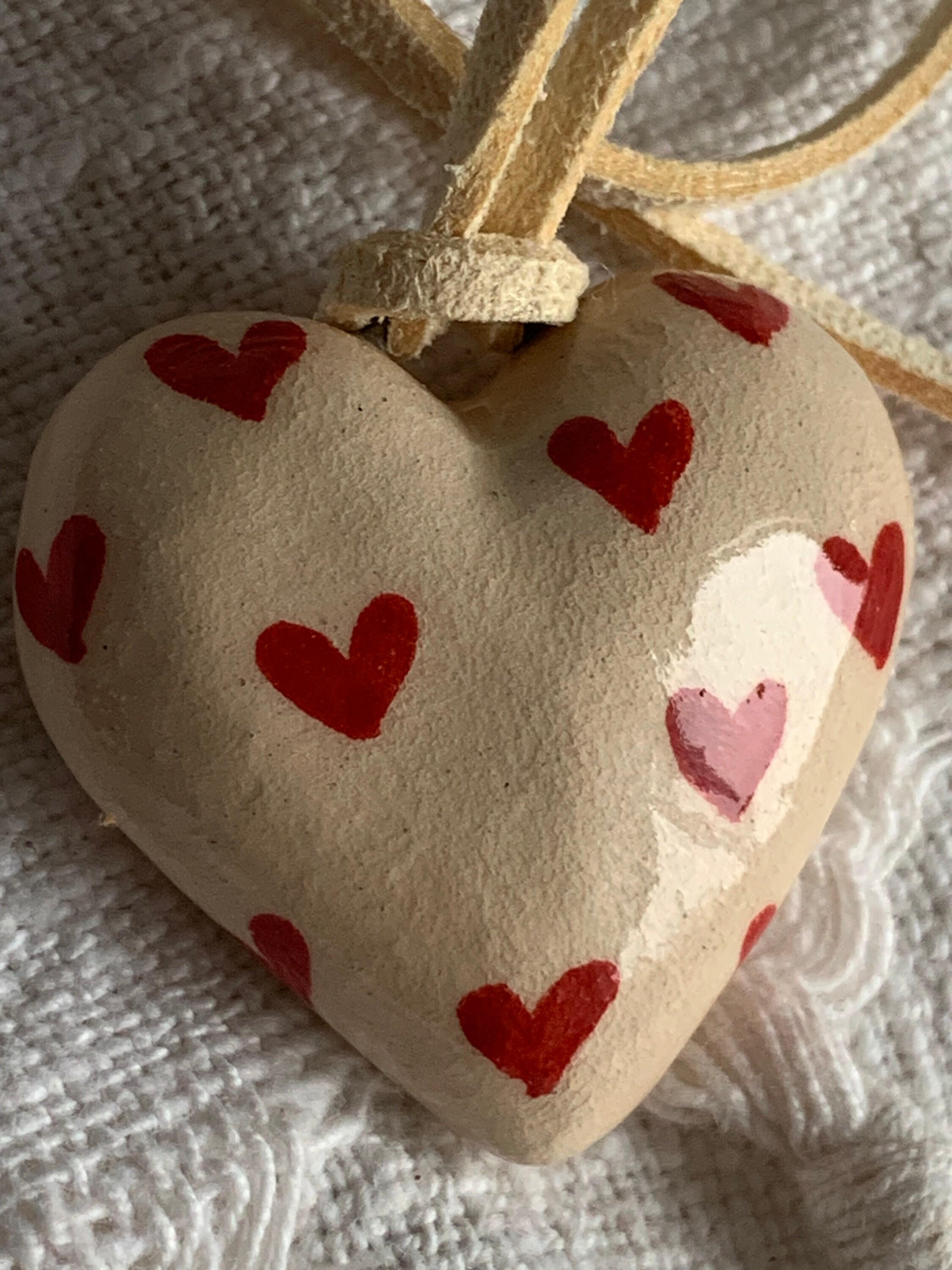 Ceramic Heart Pendant Made of White Clay. Necklace With Small Red ...